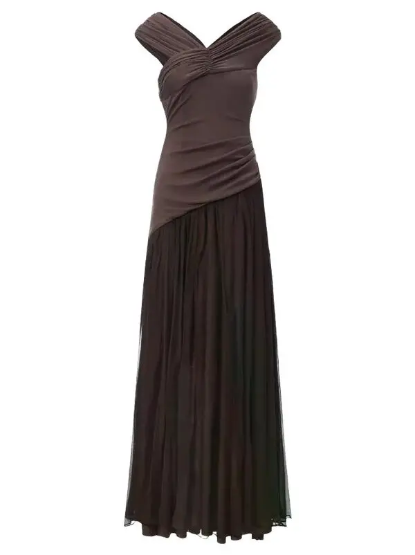 ELYWOOD Off-shoulder Ruched Maxi Dress - Brown
