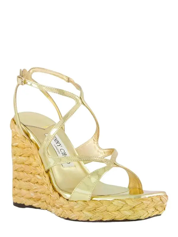 JIMMY CHOO Ayla Liquid-metal Leather Wedge Sandals - Gold