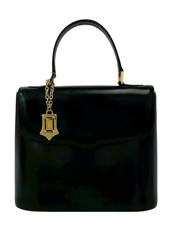 Saint Laurent 20th Century Leather Logo Charm Top Handle Bag Satchel - Black