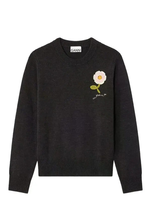 GANNI Knit Jumper With Crochet Flower Appliqu - Grey