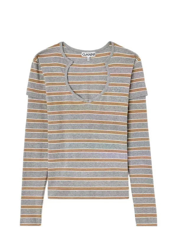 GANNI Striped Cut-out Top - Grey