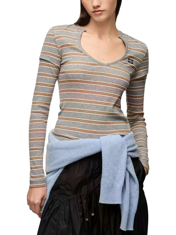 GANNI Striped Cut-out V-neck Long Sleeve Top - Grey