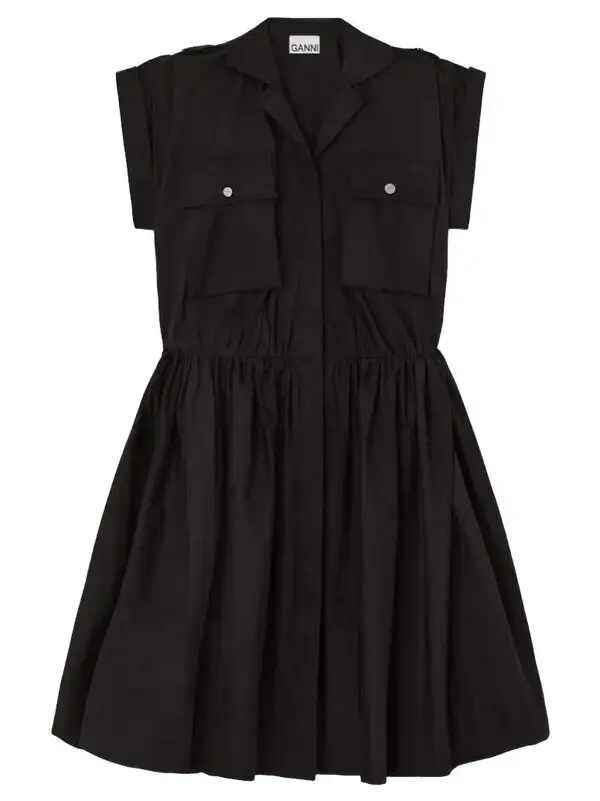 GANNI Oversized Cotton Midi Dress With Collared Neckline And Chest Pockets - Black