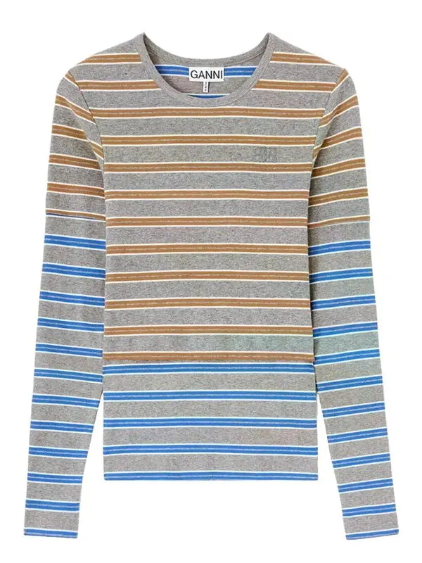GANNI Long-sleeve Top With Double Stripe Pattern And Logo Patch - Grey