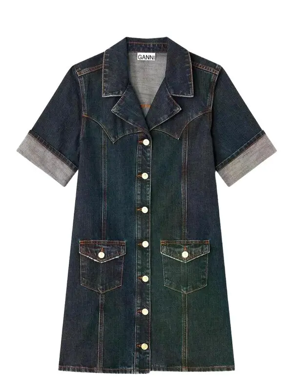 GANNI Textured Denim Mini Dress With Contrast Stitching - Blue