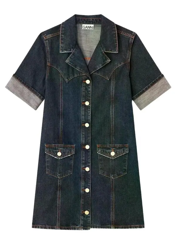GANNI Textured Denim Mini Dress With Contrast Stitching - Blue