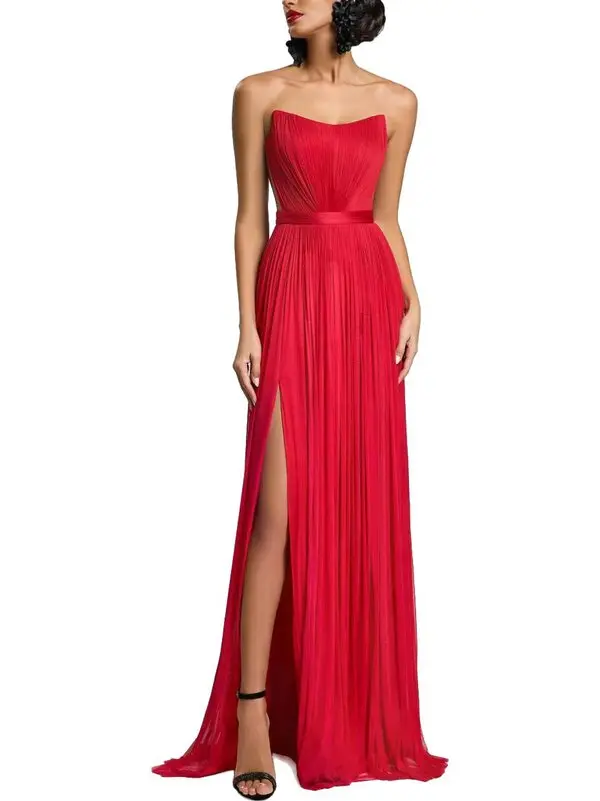 CRISTALLINI Estella Pleated Silk Maxi Dress - Red