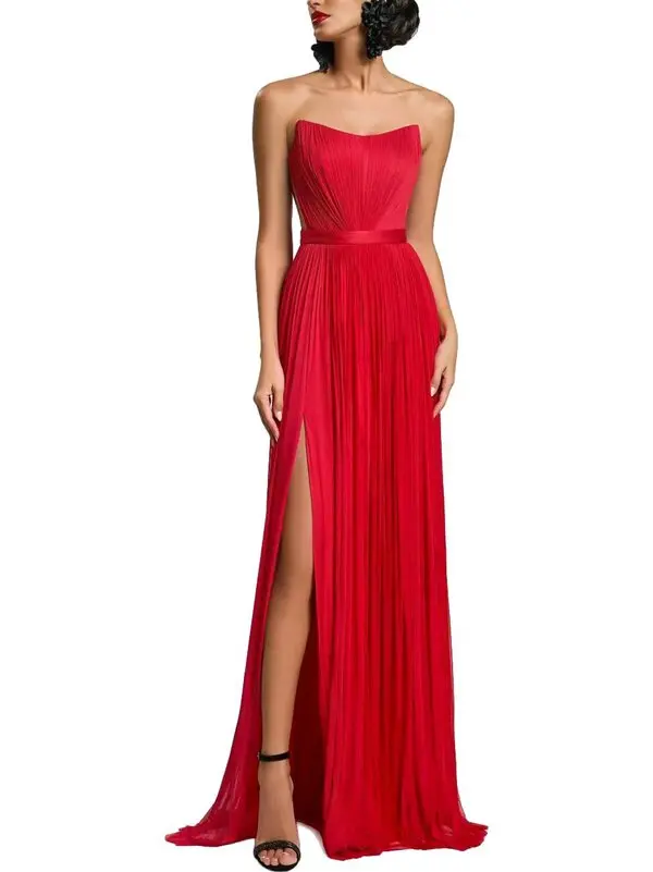 CRISTALLINI Estella Pleated Silk Maxi Dress - Red