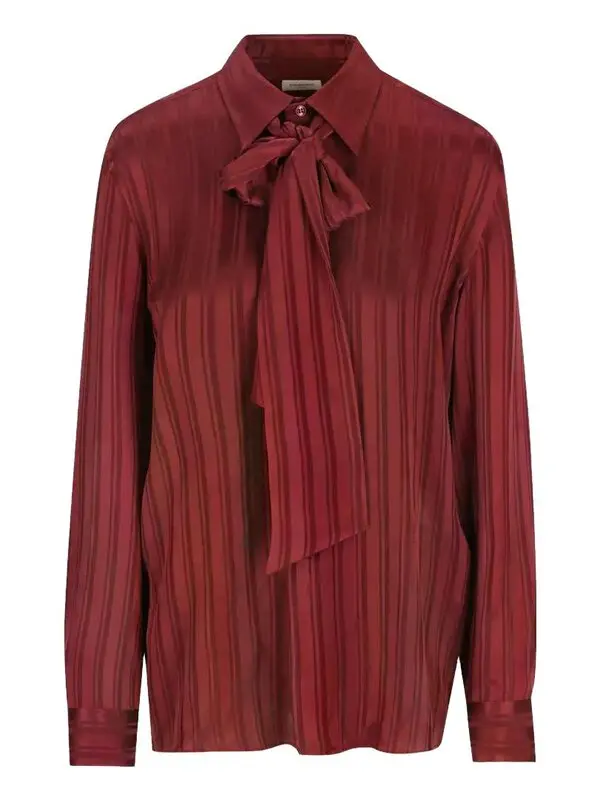 Saint Laurent Cassandre Lavallière Blouse In Striped Silk Jacquard - Red