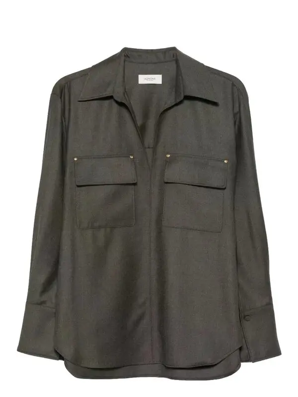 Agnona Long-sleeve Blouse With Zip Front And Flap Pockets - Grey