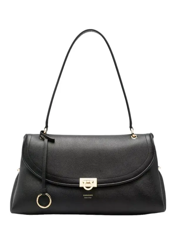 FERRAGAMO Gancini Pebbled Leather Shoulder Bag - Black