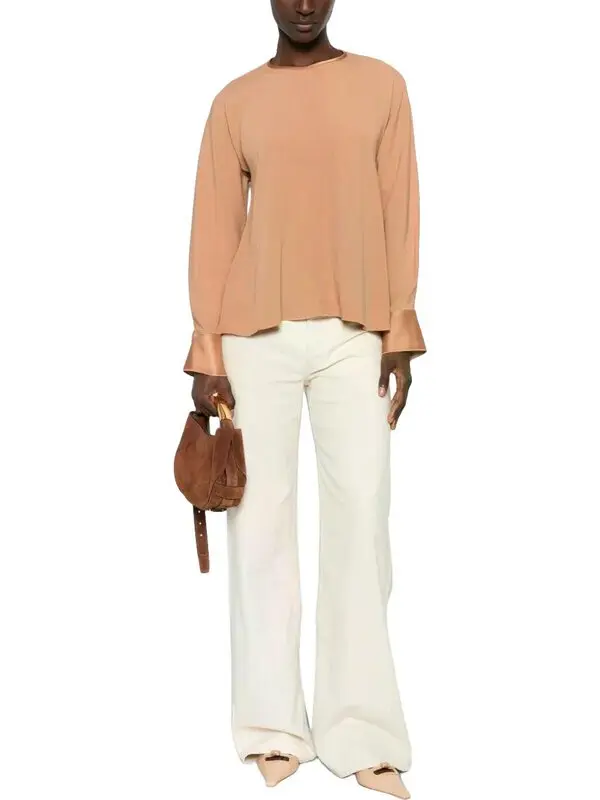 FORTE_FORTE Satin-cuff Long-sleeve Blouse - Brown