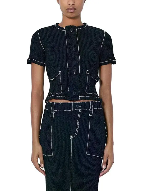 Issey Miyake Wavelet Crinkle-textured Contrast-stitch Top - Black