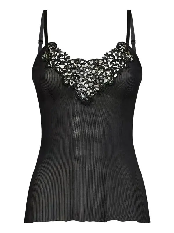 Saint Laurent Ribbed Silk Knit Guipure Tank Top - Black