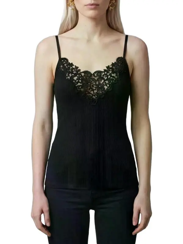 Saint Laurent Ribbed Silk Knit Guipure Lace Tank Top - Black