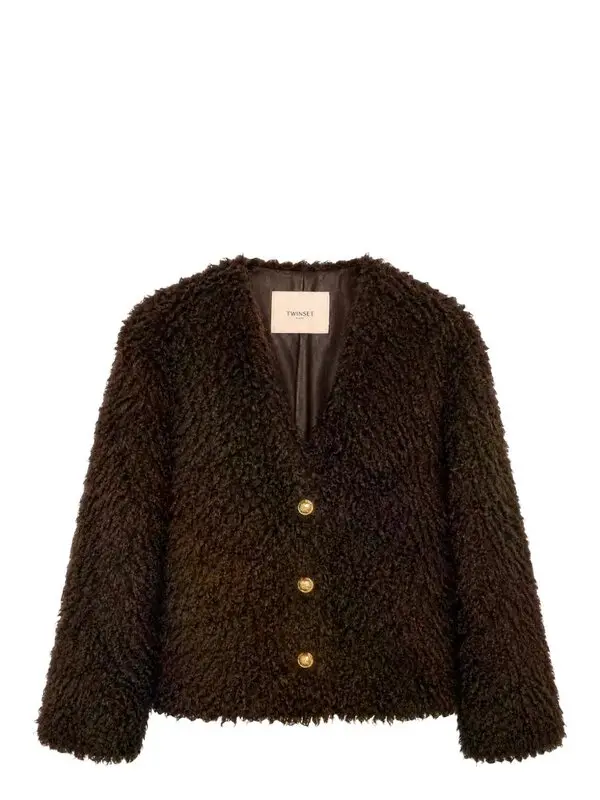 TWINSET Bouclé-knit V-neck Jacket - Brown