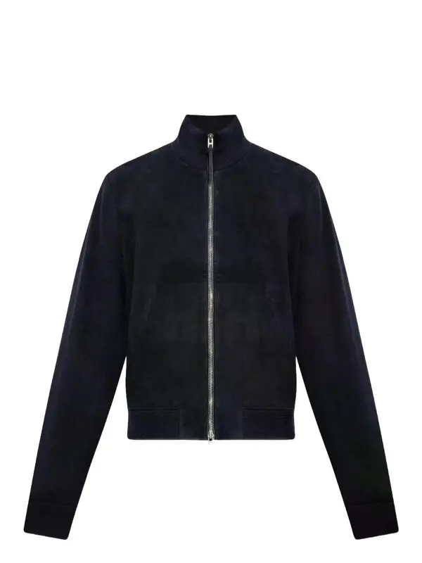 TOM FORD Suede Front Merino Wool Full Zip Cardigan - Blue
