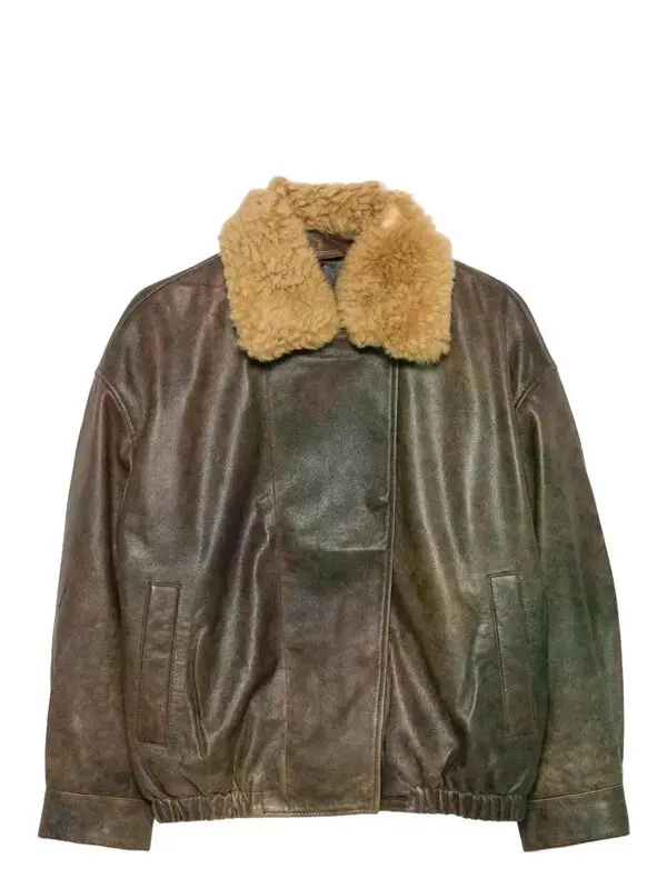 R13 Distressed Leather Shearling Collar Jacket - Brown