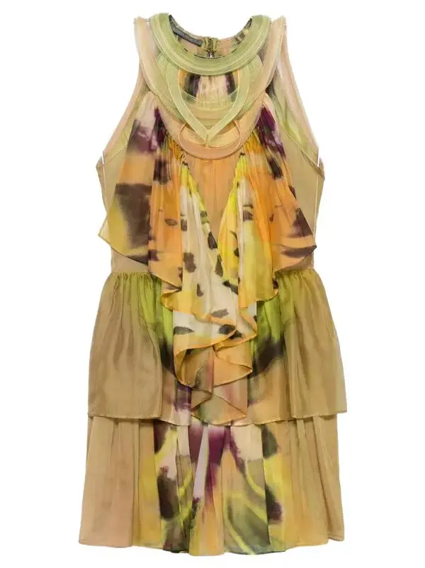 Alberta Ferretti Abstract-print Tiered Mini Dress - Green