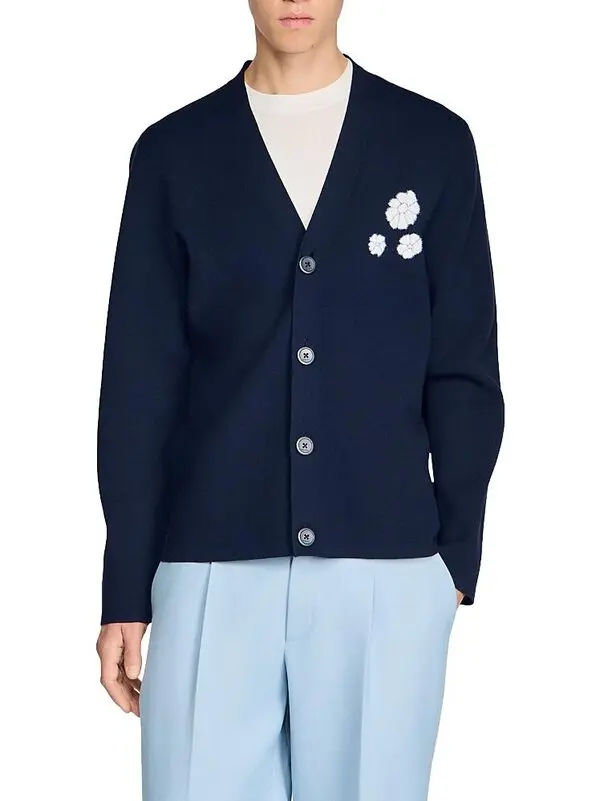 Sandro Flower Flock Cardigan Sweater - Midnight Blue