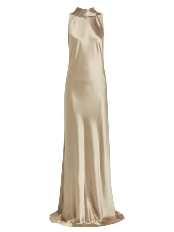 Galvan Sienna Scarf-neck Satin Gown - Beige