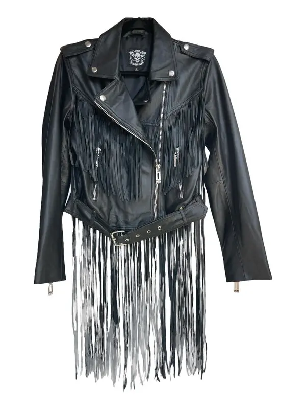 ANY OLD IRON Black Leather Super Fringe Moto Jacket - Black/silver