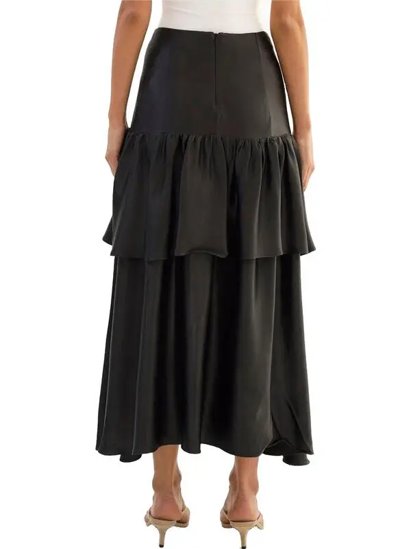 LAMARQUE Chalina Ruffle Satin Midi Skirt - Black