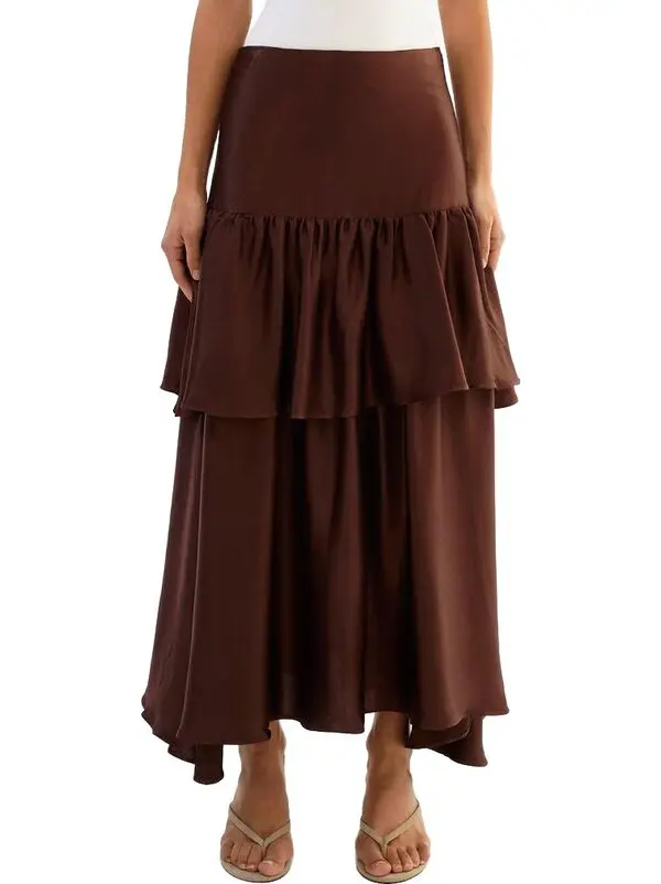 LAMARQUE Chalina | Ruffle Satin Midi Skirt - Brown