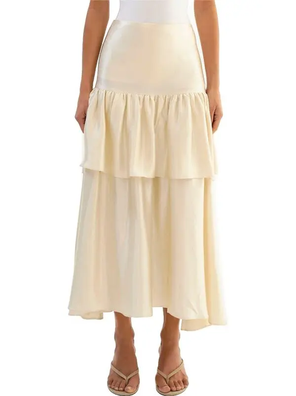 LAMARQUE Chalina | Ruffle Satin Midi Skirt - Cream