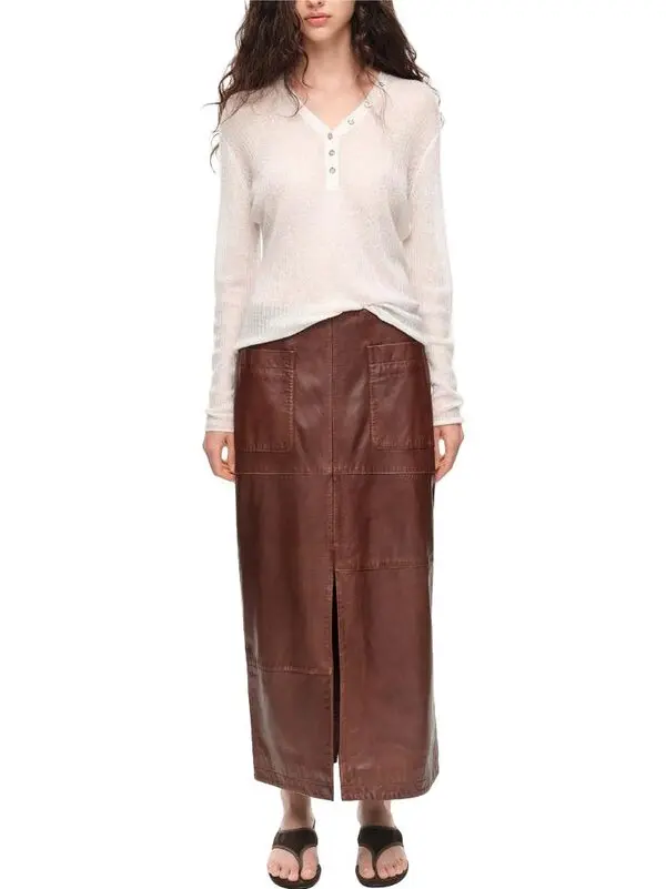 Bimba Y Lola Washed Leather A-line Midi Skirt - Brown