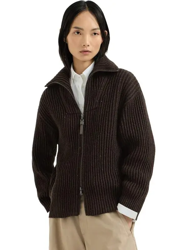Brunello Cucinelli Sparkling & Dazzling Cashmere And Wool Ribbed Cardigan With Shiny Zipper Pull - Coffee