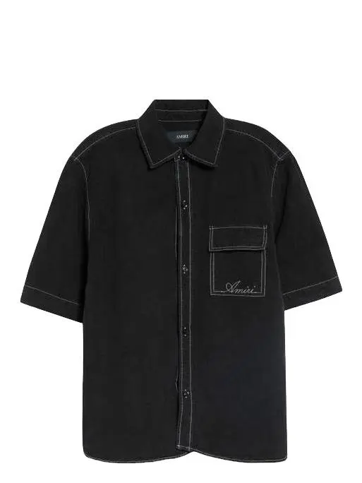Amiri Script Garment Dyed Short Sleeve Linen Blend Button-up Shirt - Black