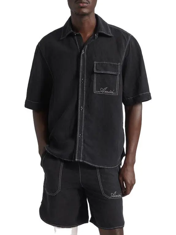 Amiri Script Garment Dyed Short Sleeve Linen Blend Button-up Shirt - Black