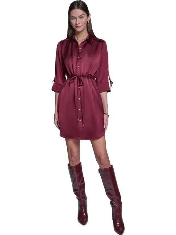 Halston 3/4 Sleeve Satin Shirt Dress - Garnet Glow