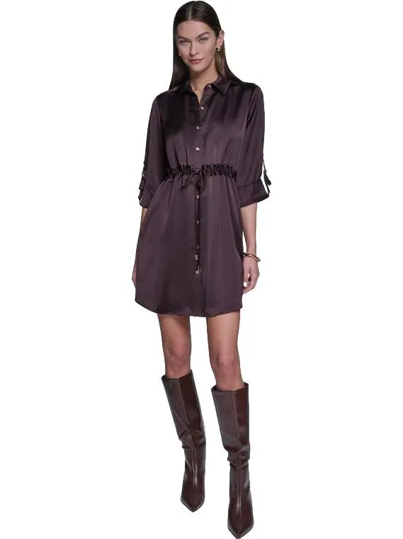 Halston 3/4 Sleeve Satin Shirt Dress - Rich Mocha
