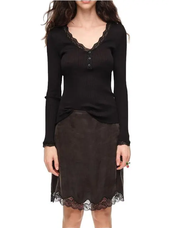 Bimba Y Lola Ribbed V-neck Lace Trim T-shirt - Black