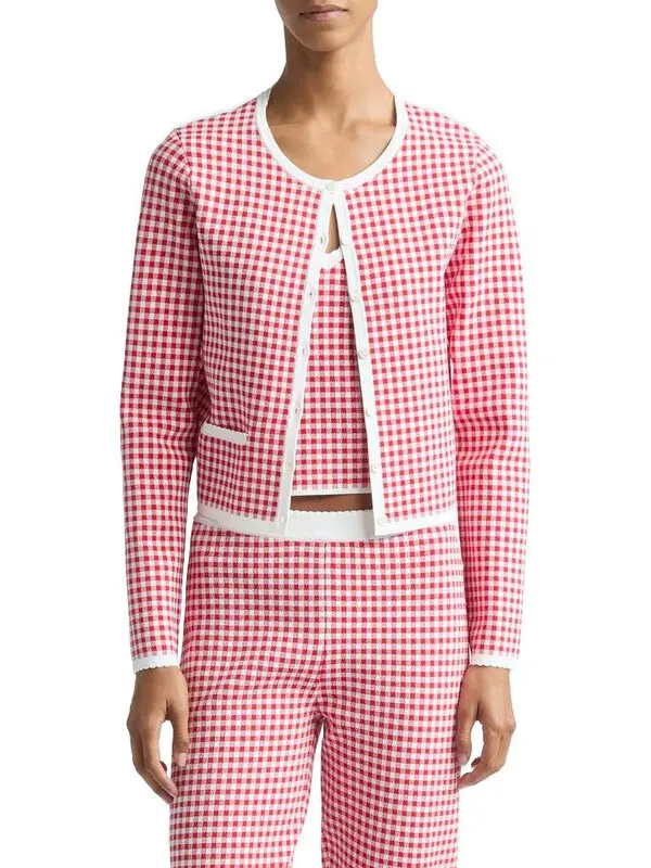 Posse Gingham Cardigan With Contrast Trim - Red Gingham