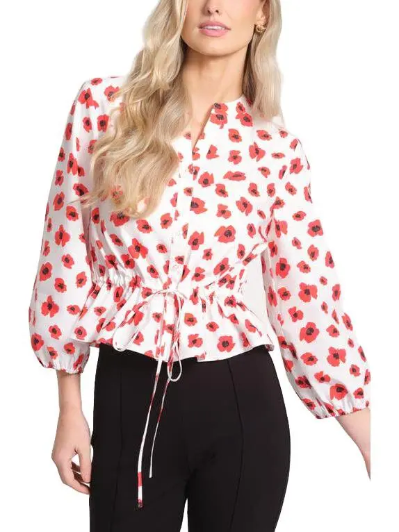 ISAAC MIZRAHI NEW YORK Poppy Print Cotton Balloon Sleeve Shirt - Red Multi