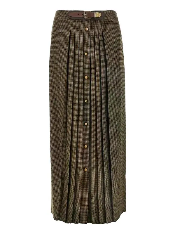 Etro Houndstooth Wool Maxi Skirt With Box Pleats And Belt - Brown