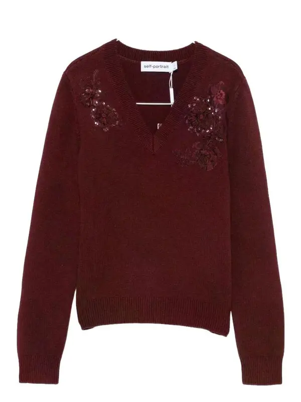SELF-PORTRAIT Sequin-embellished Floral-patch Sweater - Red
