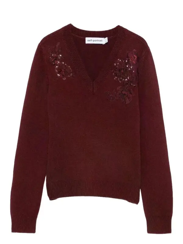 SELF-PORTRAIT Sequin-embellished Floral-patch V-neck Sweater - Red