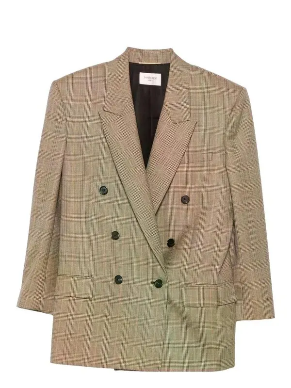 Saint Laurent Check-pattern Double-breasted Blazer - Brown