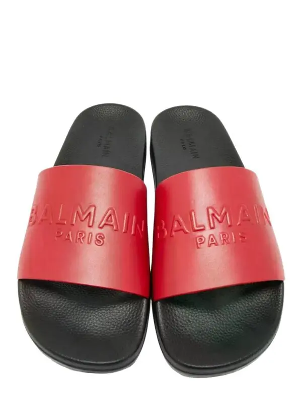 Balmain Monogram Embossed Leather Slides - Red