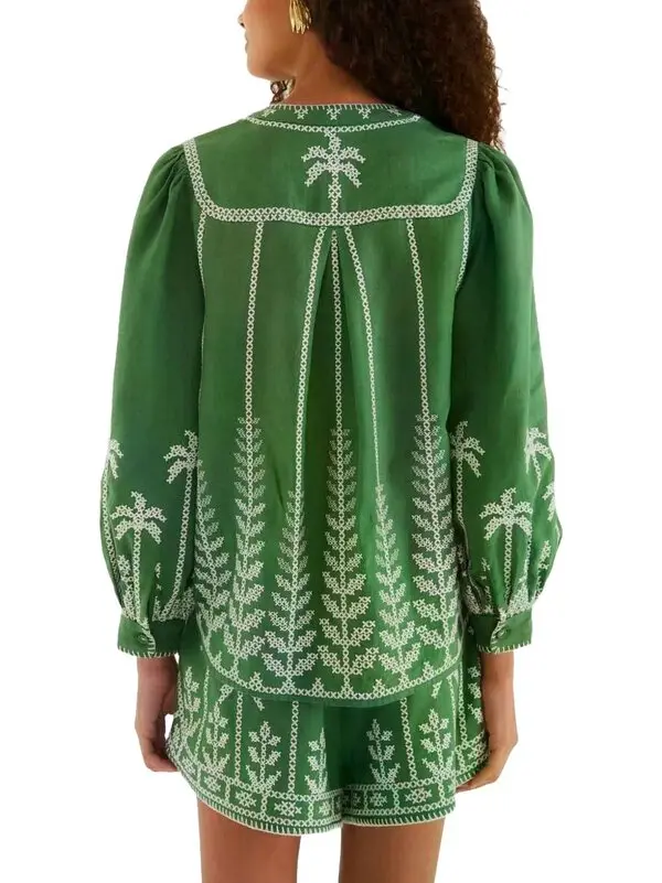 Farm Rio Bicolor Cross Stich Embroidery Shorts - Green