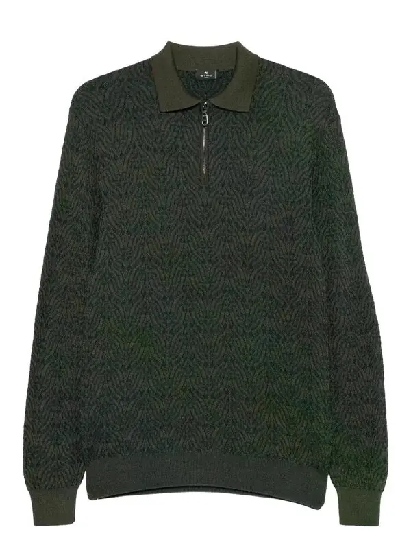 Etro Wool Polo Collar Zip Sweater - Green