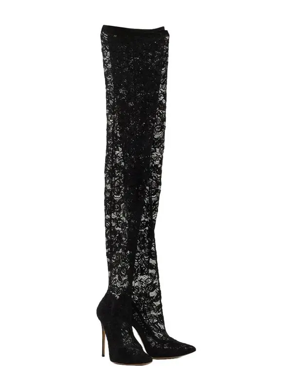 Dolce & Gabbana Lace Mesh Pointed Toe Stiletto Heel Boots - Black