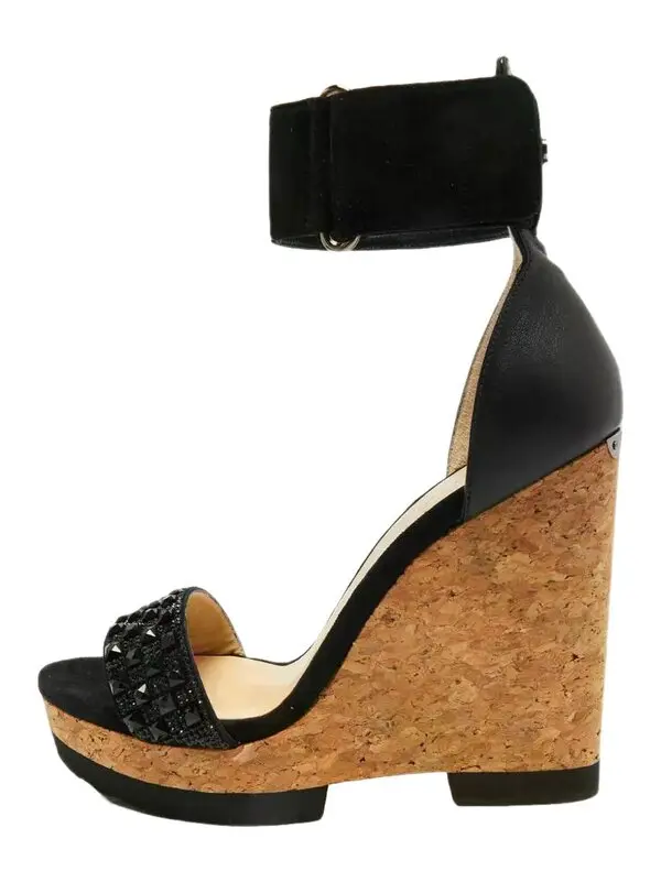 JIMMY CHOO Leather Suede Crystal-embellished Wedge Sandals - Black