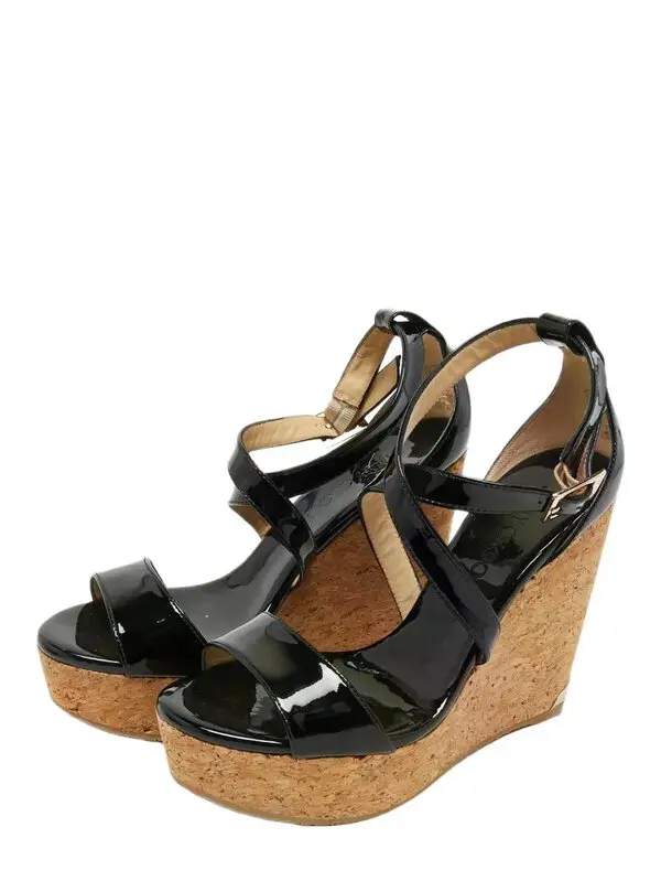 JIMMY CHOO Portia Patent-leather Wedge Sandals - Black