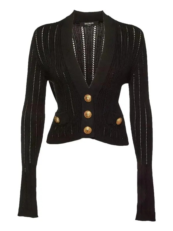 Balmain Pointelle-knit Cropped Cardigan - Black