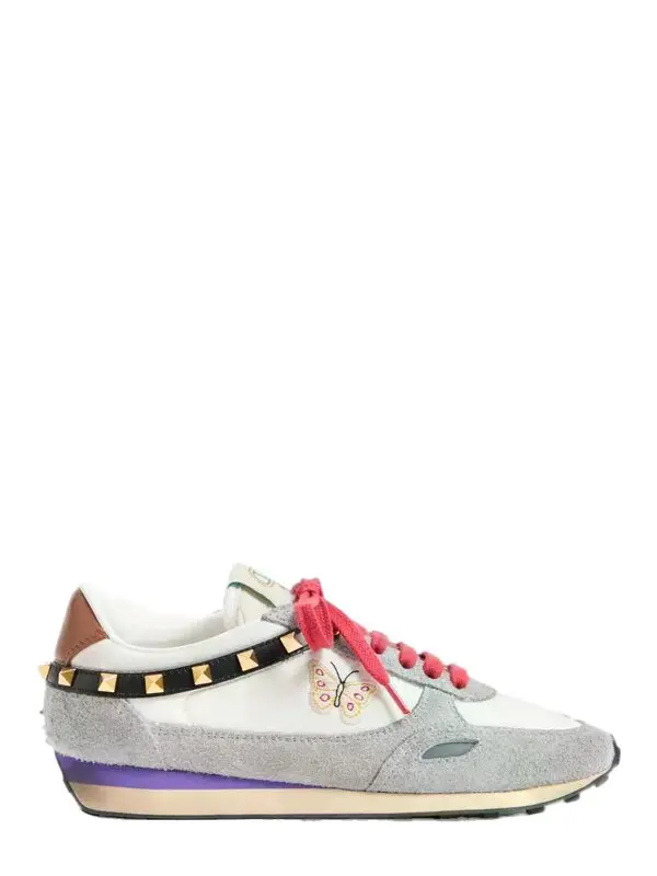 Valentino Garavani Stud-up Sneakers In Split Leather And Nylon With Butterfly Embroidery - White